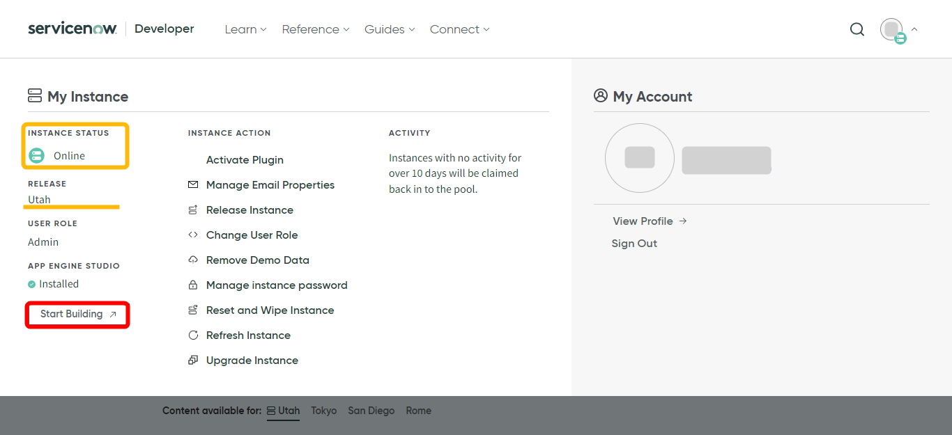 [ServiceNow]10分で掴む! Utah版の開発インスタンス(PDI)の作成 | NowLibrary